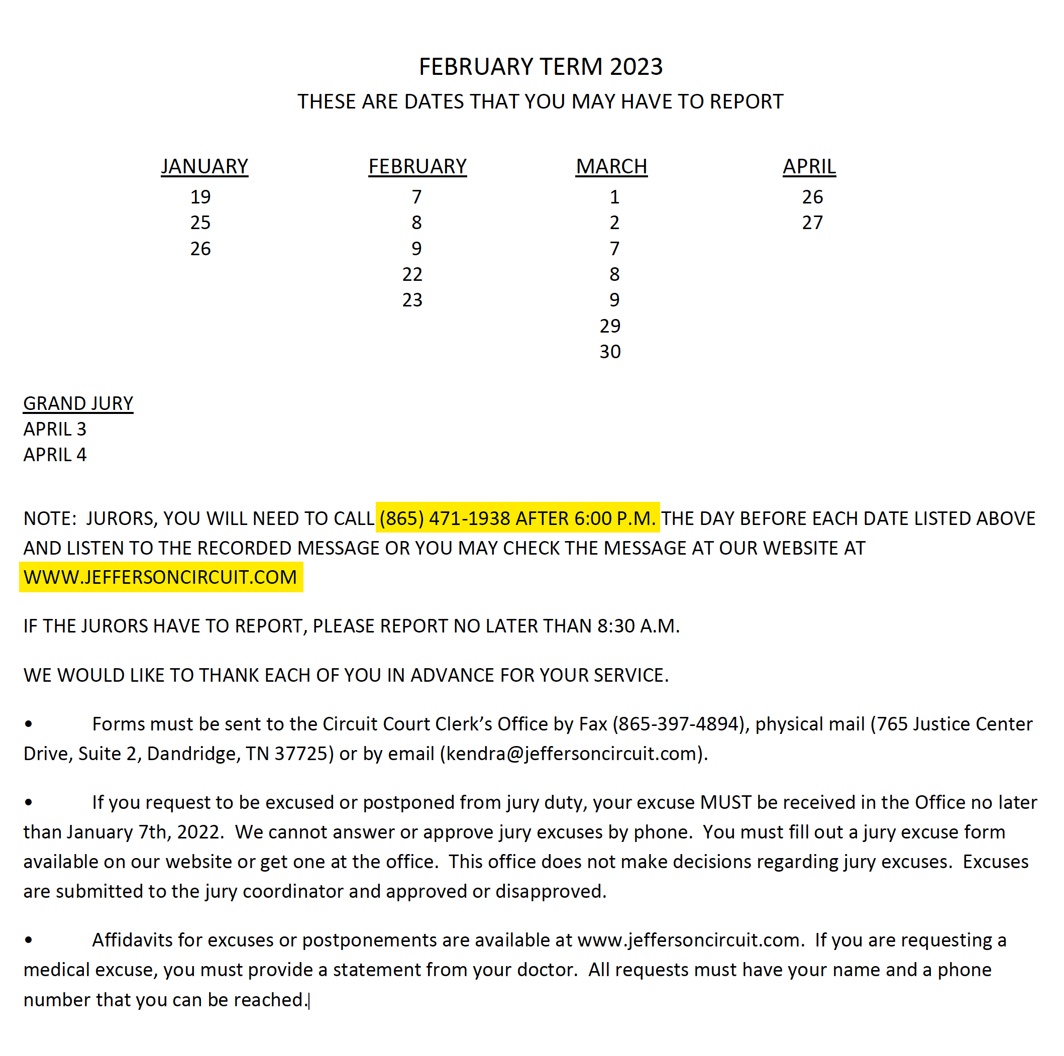 Jury Service Information Sheet – Jefferson County TN Circuit Court Clerk